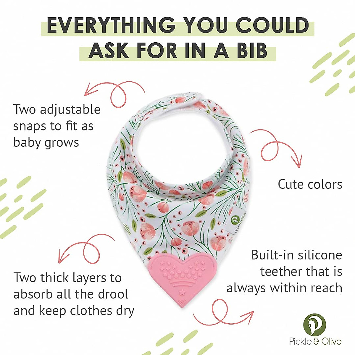 Pickle & Olive Baby Bandana Teething Bibs with Attached Teether- Set of 4 - Floral