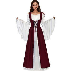 WYZJL Renaissance Dress Women Medieval Dress Ren Faire Costume Renaissance Overdress Outfit Irish Dress Halloween Costume, Burgundy S/M