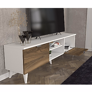 DORPEK Tealo Tv Stand White - Walnut, Tv Cabinet for TVs up to 65", Tv Bench with 2 Drawers and 2 Open Shelves, Tv Storage Unit for Living Room and Bedroom