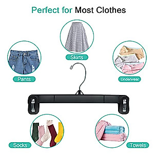 Chileuma 10 Pack Clothes Pants Hangers, Space-Saving, 360° Swivel Hooks, Trousers Pants Clothes Shorts Skirt Jeans Hangers, Plastic Pant Hangers with Clips for Closet, Black