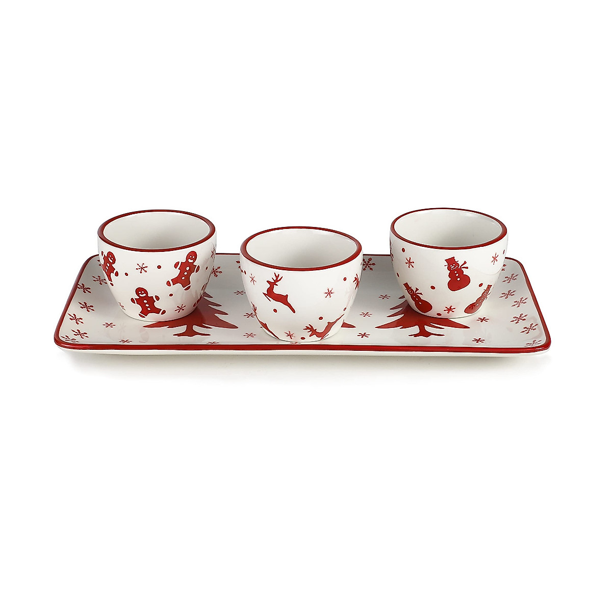 Euro Ceramica Winterfest 4 Piece Holiday Entertainment Serving Set | High Fire Earthenware Ceramic | Rectangular Platter & 3 Dipping Bowls | Hand-Stamped Holiday Design, Large, Multicolor
