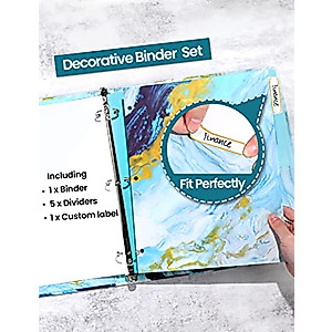 3 Ring Binder 1 Inch, SUNEE Cute Binder with Clipboard, 2 Pockets, 5 Tab Dividers & Label Stickers, Decorative Blue Marble Heavy Duty Three Ring Binder (Fit 8.5x11) for Office Binder Supplies