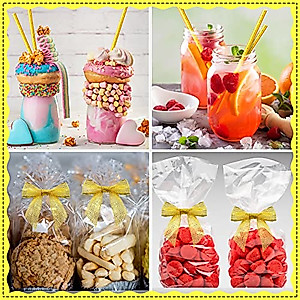 200 Cake Pop Sticks and Bows Kit for Cake Pops, Candies, Lollipops, Chocolates and Cookies Decorating, Include 100 Satin Ribbon Twist Tie Bows and 100 Paper Striped Straws for Party Supplies (Gold)