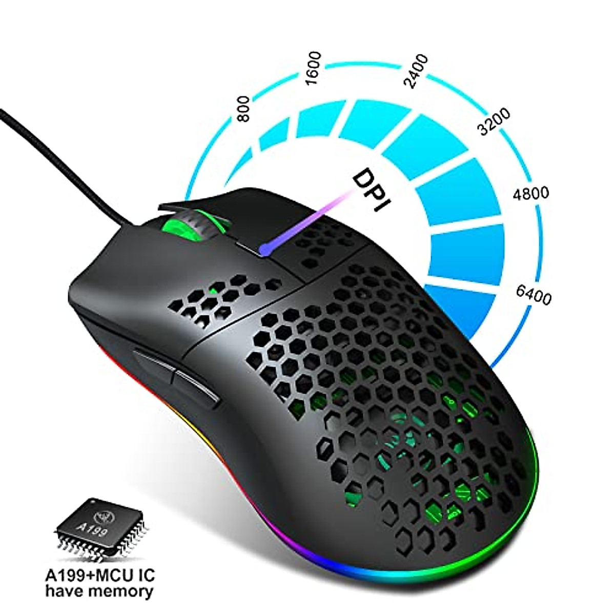 Ruiqas Optical Mouse 6 Buttons Macro Programmable Ergonomic Wired Gaming Mouse with RGB Light 6400DPI for Desktop PC Computer