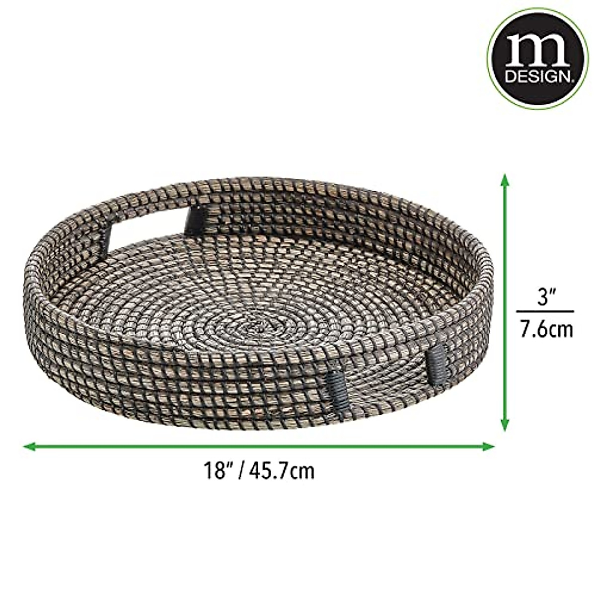 mDesign Seagrass Woven Large Decorative 18" Round Basket Serving Tray w/Built-In Handles for Kitchen, Coffee Table, Wall Decor, Ottoman; For Storage, Centerpiece Display - Black