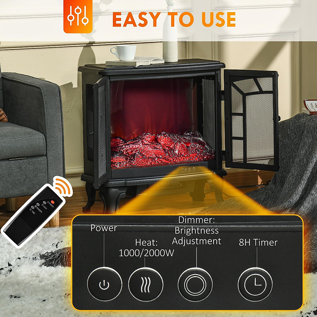 HOMCOM 27" Electric Fireplace Heater, Fireplace Stove with Realistic LED Flames and Logs, Remote Control and Overheating Protection, 750W/1500W, Black