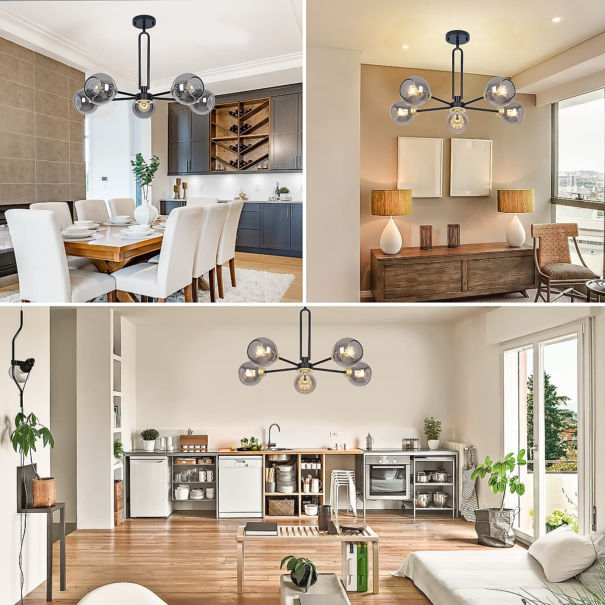 5-Light Globe Chandelier Pendant Lighting - Modern Large Semi-Flush Ceiling Light Fixture with Smoked Glass, Black Dining Room Light Fixture, Sputnik Light Fixture for Kitchen Living Room Bedroom