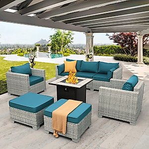 WAROOM Patio Furniture Set 6 Piece Outdoor Patio Set Grey Wicker Balcony Furniture Conversation Sets PE Rattan Couch Sofa with Fire Pit Table, Peacock Blue Cushion