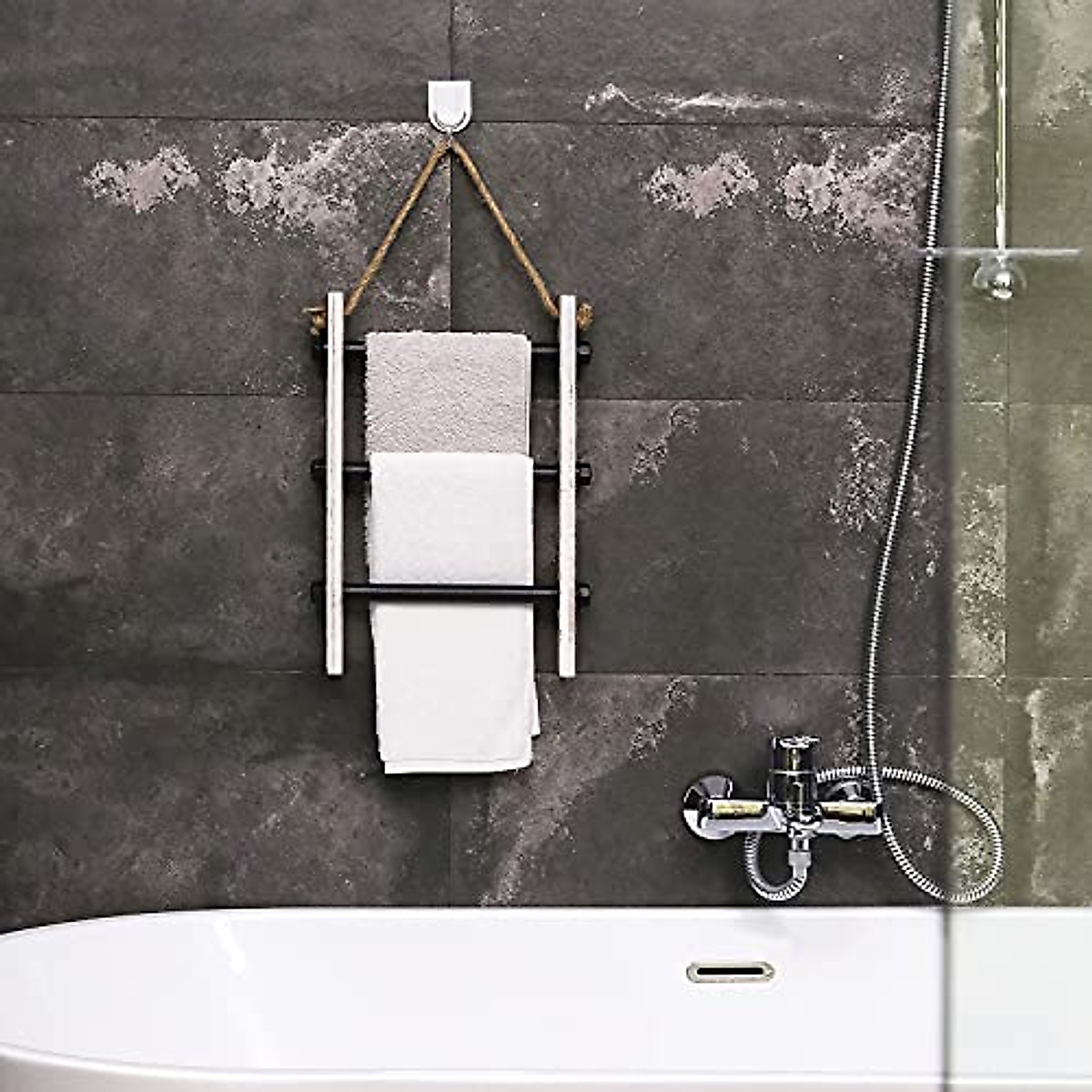 MyGift 3-Tiered Hanging Hand Towel Rack Ladder, Wall Mounted Whitewashed Wood and Industrial Pipe Bathroom Storage Towel Holder with Rope
