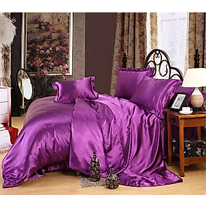 Opulence Bedding Satin Duvet Fitted Set, Ultra Soft Silky Satin 4 Pieces Duvet Cover Sets (1 Duvet Cover + 1 Fitted Sheet 15" Deep + 2 Pillow Shams),California King Size,Purple