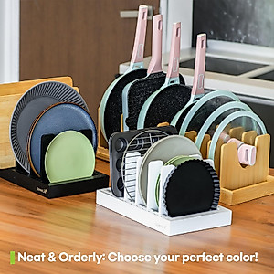 Pots and Pans Organizer under Cabinet, Bamboo Expandable Bakeware and Cutting Board Organizers, Adjustable Pot Lids Holder Rack, Cookie Sheet Baking Pan, Tray Organizer for Kitchen Storage (Natural)