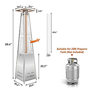 LUCKYERMORE Pyramid Patio Propane Heater, 42,000 BTU Heavy Duty Quartz Glass Tube Flame Heater with Wheels Propane, Stainless Steel