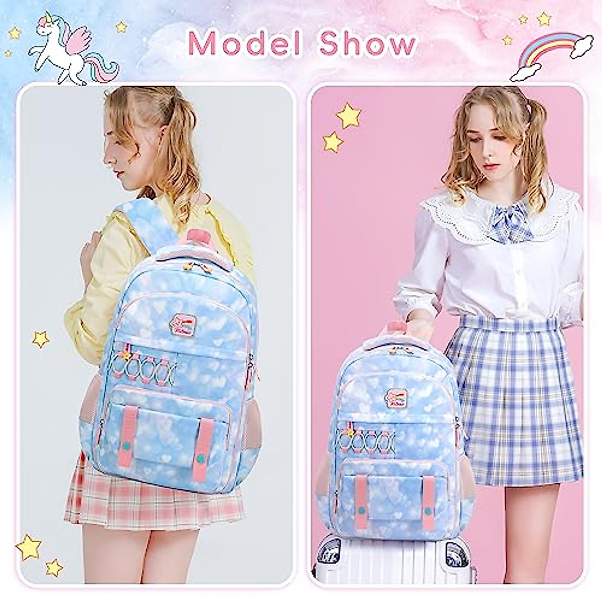 KIDNUO Girls Backpack 15.6 Inch Laptop School Bag Cute Kids Kindergarten Elementary Backpacks Middle Schoolbag Large Bookbags for Women Teens Students Anti Theft Travel Daypack (Blue)