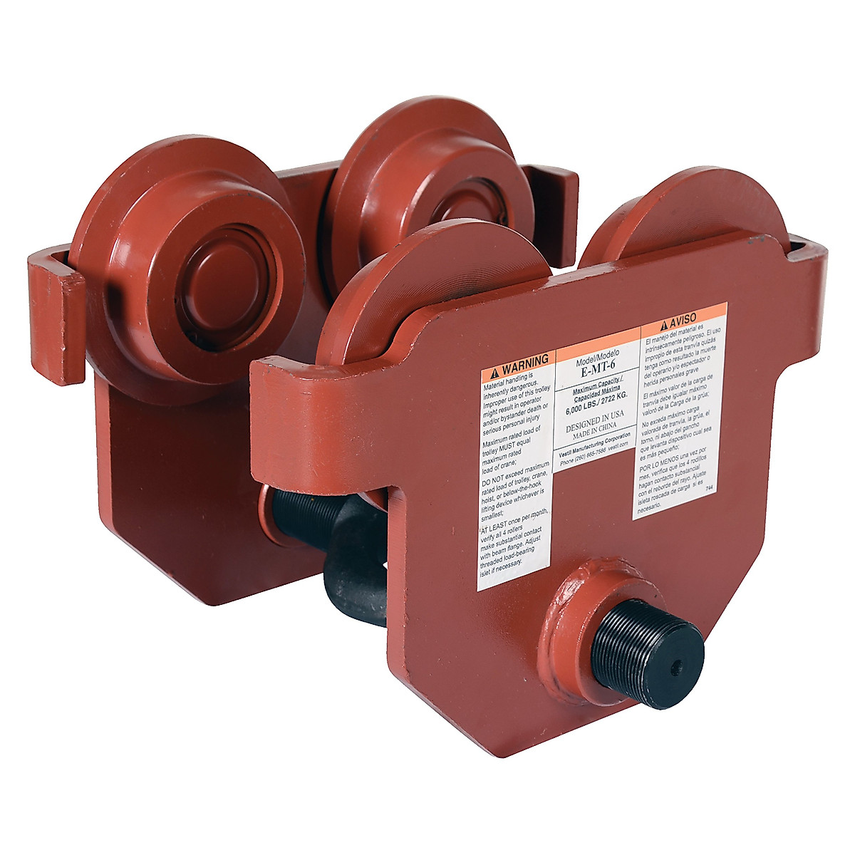 Vestil E-MT-6 Steel Low Profile Eye Manual Push Trolley, 6000 lbs Capacity, 3"- 8-5/8" I-Beam Flange, 3-3/8" Headroom