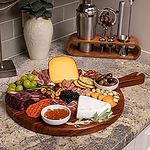 BIRDROCK HOME 15” Round Acacia Wooden Cheese Serving Board with Handle - Medium - Party Charcuterie Board for Appetizers Wood Food Kitchen Platter - Pizza Fruit Display - Espresso
