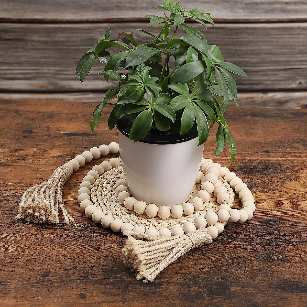 Vosarea Wood Bead Garland Rustic Farmhouse Beads with Tassel Home Wall Hanging Prayer Beads Decor Beads Wooden