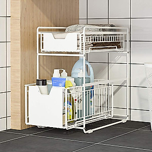 Warmiehomy Under Sink Organizers and Storage,2 Tier Sliding Metal Drawer Seasoning Shelf Storage,Pull Out Cabinets Organizer Shelf for Kitchen/Pantry/Bathroom/Office (White) (37.4×26.5×44cm