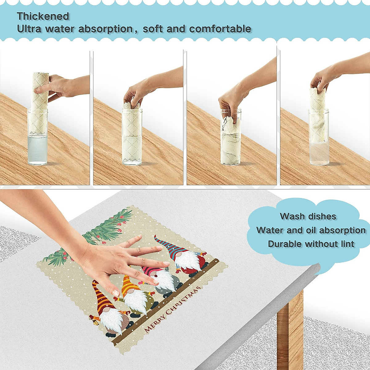 VIGTRO 6 Pack Super Absorbent Kitchen Towels,Happy Gnomes Premium Dish Cloths Towels, Merry Christmas Washable Fast Drying Dish Rags Reusable Cleaning Cloth 11x11