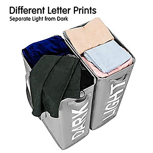 WOWLIVE Double 65L Slim Laundry Hamper 2 Pack Tall Thin Laundry Basket with Extended Handles Dark and Lights Separator Narrow Dirty Clothes Hamper Collapsible Laundry Organizer for Dorm Room (Grey)