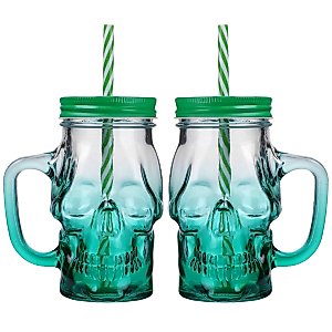 Amosfun 2Pcs glass tumbler with straw and lid skull mason jar cup cups drinking jars clear lids tumblers- Halloween Skull Gradient Glass- Cup Wine Glasses Drink Milk Cup (500ML)