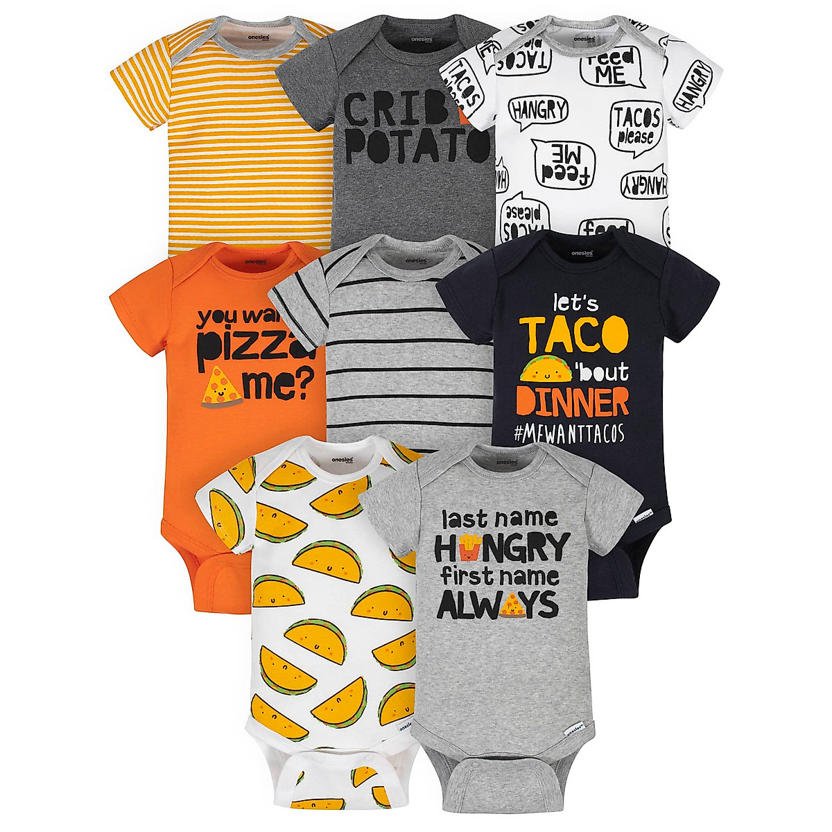 Onesies Brand Baby Boy's 8-Pack Short Sleeve Mix & Match Bodysuits, Grey Hungry, 6-9 Months