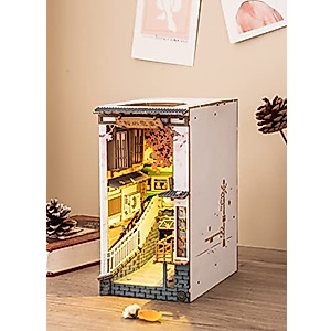 ROBOTIME DIY Book Nook Kit Decorative Bookend Insert Bookcase Book Stand Miniature House Kit with LED Light Creative Gift for Birthdays (Sakura Tram)