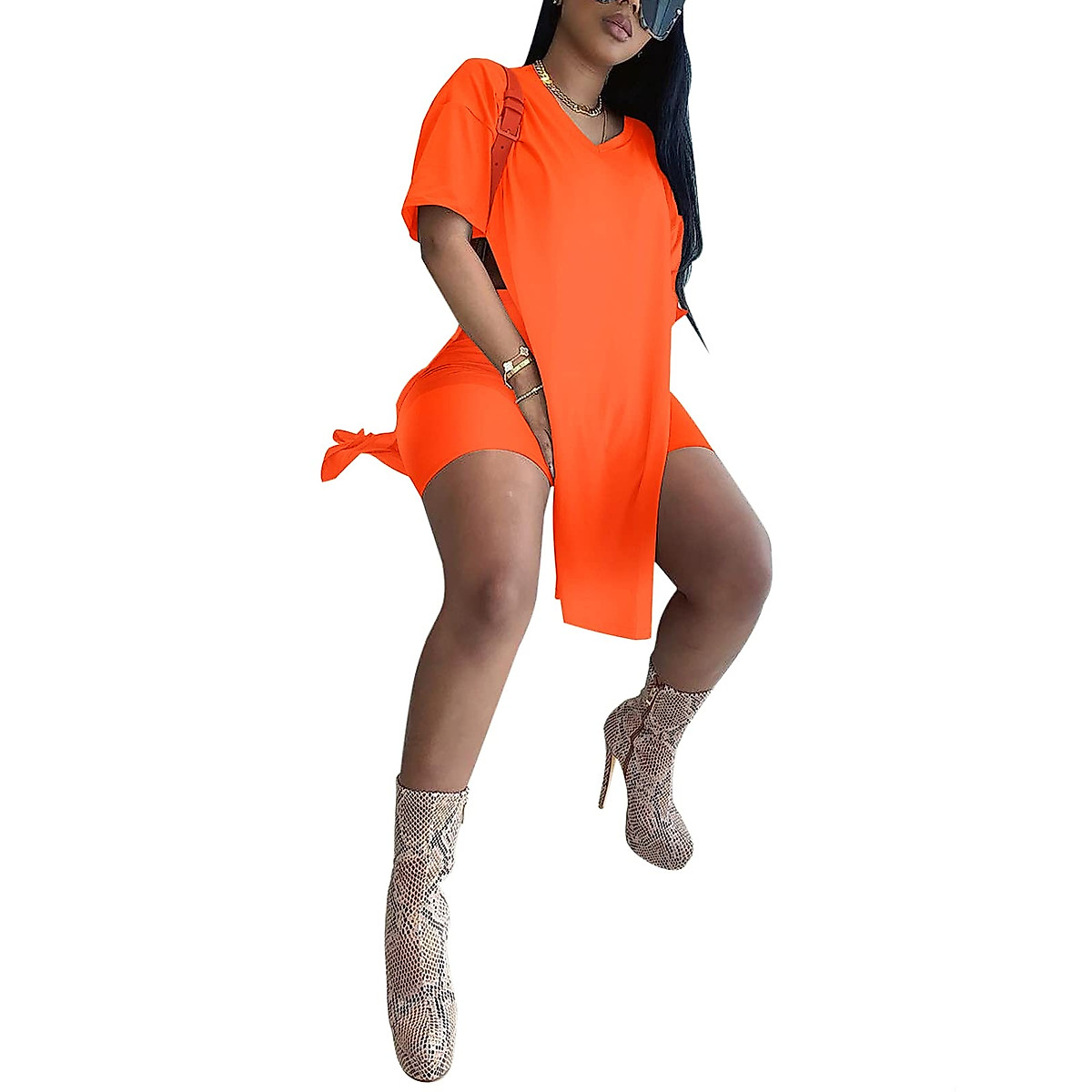 qfmqkpi Ladies Oversized Two Piece Outfits Dropped Shoulder Short Sleeve Side Slit T-Shirt Tight Pants Sweatsuits Orange XXL