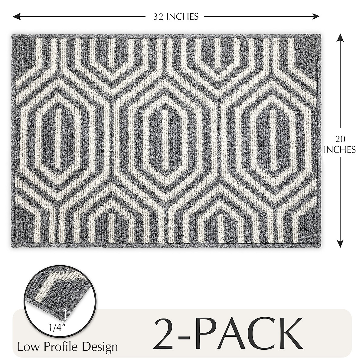 Emerson 2-Pack Indoor Doormats, 32" x 20" – Low Profile Front Door Mats – Welcome Outdoor Entrance Rugs – Machine Washable & Water Absorbent – Home Entryway Mats – Heavy Duty + Non-Slip (Gray)