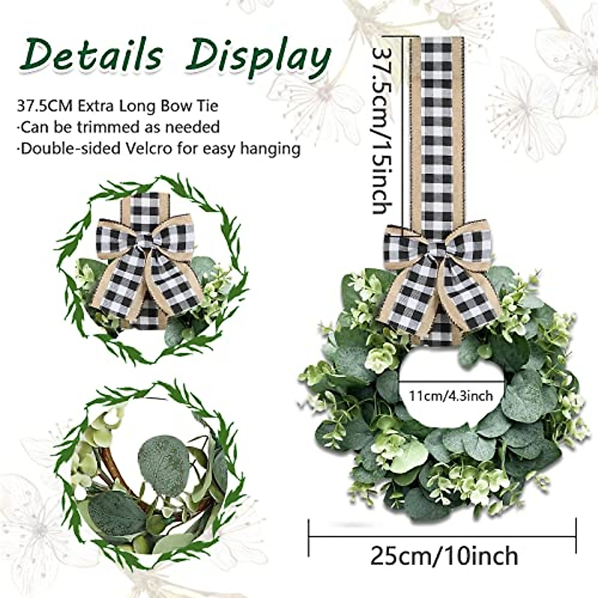 Faux Kitchen Cabinet Wreaths, 2 Pieces Small Pecuniary Eucalyptus Wreath 10 Inch Summer Farmhouse Wreath Mini Kitchen Cabinet Wreaths for Door Window Chair Wall Decor (Plaid Bow Style)