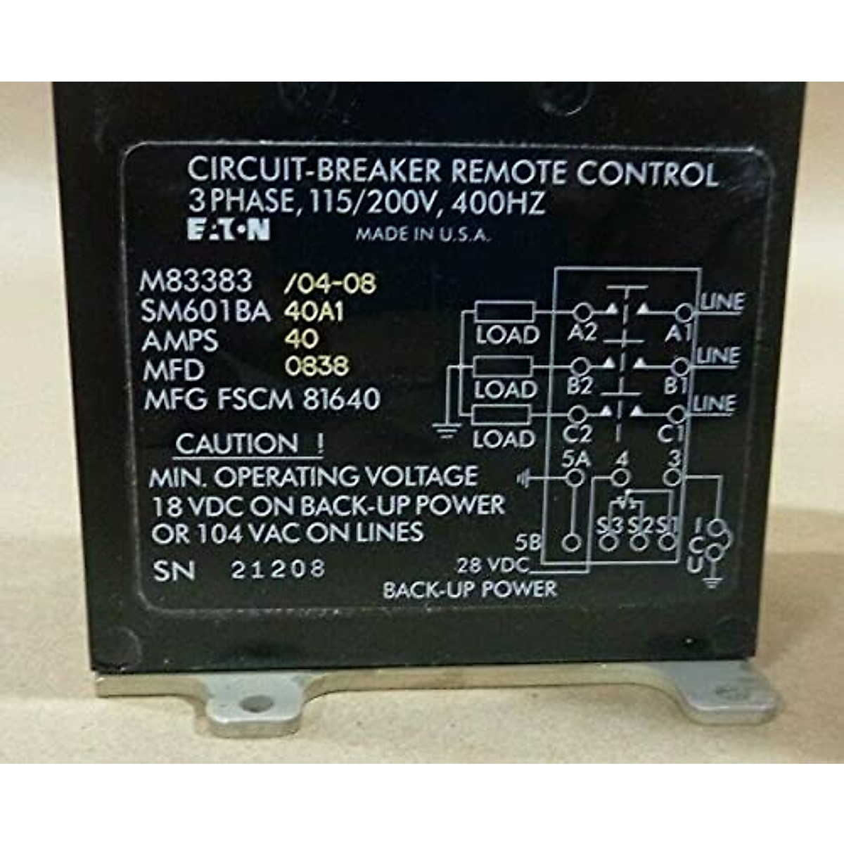 Eaton Remote Control Circuit Breaker SM601BA40A1 M83383/04-08, 5925-01-110-1785