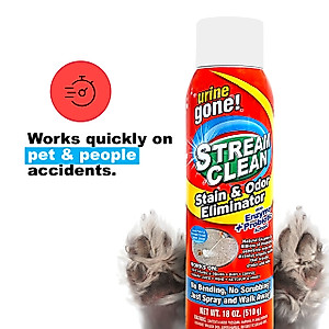 Urine Gone Stream Clean, Heavy Duty Carpet Stain & Odor Eliminator Deep Cleans with Fast Acting Natural Enzymes + Probiotics Eliminating Stains and Odor Permanently, No Scrubbing, 18 oz. (1pack)