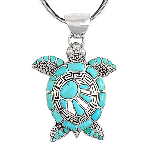 Turtle Pendant Necklace 925 Sterling Silver Genuine Turquoise (20", Turquoise)