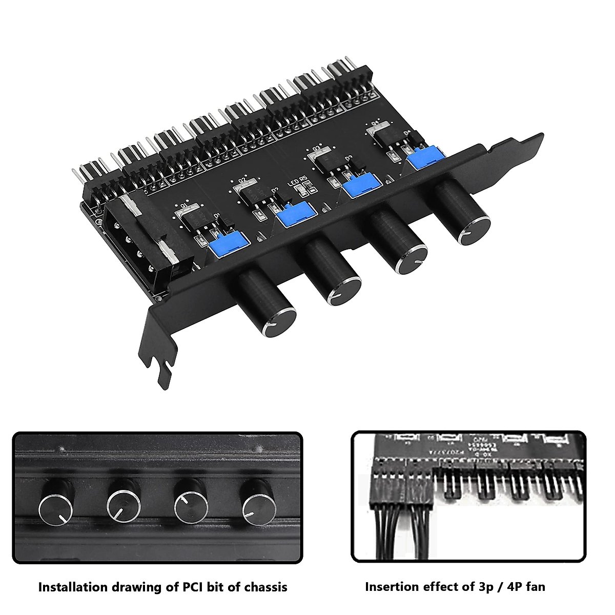 SinLoon 4 Knob Cooling Fan Speed Controller PC 8 Channels Fan Hub for CPU Case HDD VGA PWM Fan PCI Bracket 12V Fan Control- 4Pin Interface Power Supply ( 4 Pin 4Knob )