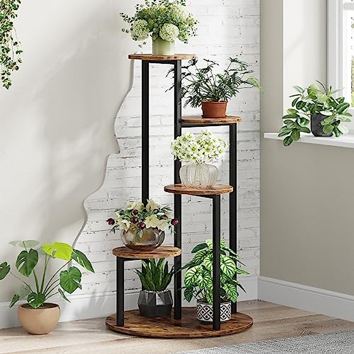LITTLE TREE 5-Tier Corner Plant Stand, Free Standing Wood Metal Flower Rack Pot Shelf Display with Round Board, Garden Patio Balcony Plant Holder for Indoor Outdoor Living Room, Bedroom, Rustic Brown