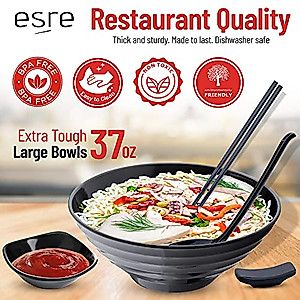ESRE 2 sets (12 pieces) 37 oz Japanese Ramen Bowl with Chopsticks and Spoons | Asian Chinese Large Ramen Noodle Bowl | Dinnerware Ramen bowl set and Pho Bowl (Black)
