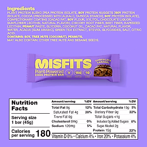 Misfits Vegan Protein Bar, Variety Pack, Plant Based Chocolate High Protein Snacks with 15g Per Bar, Low Sugar, Low Carb, Gluten Free, Dairy Free, High Fiber, Non GMO, 4 Flavor 12 Pack