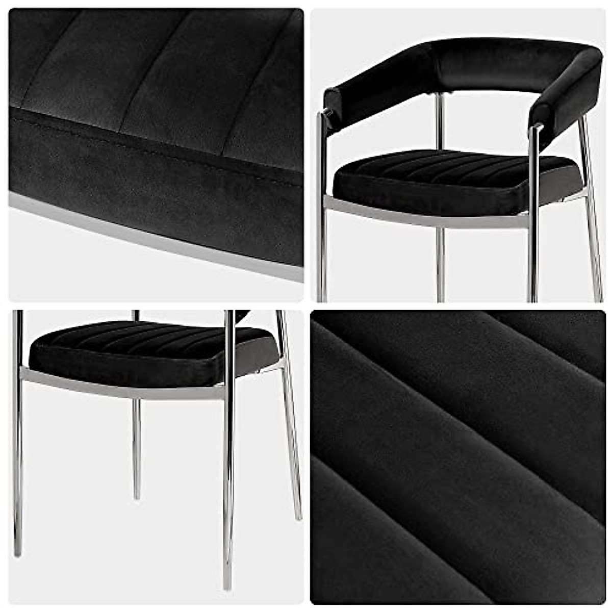 Bekrvio Dining Chairs Set of 2 Kitchen Dining Room Chairs with Arms and U-Shape Backrest, Mid Century Modern Living Room Accent Chair, Velvet Upholstered Kitchen Chairs with Metal Chrome Legs, Black