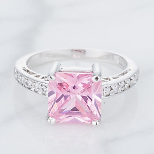 Kate Bissett Rhodium Plated to .925 Sterling Silver Bonded Princess Isabella Ring with Pink Ice Color CZ Size 8