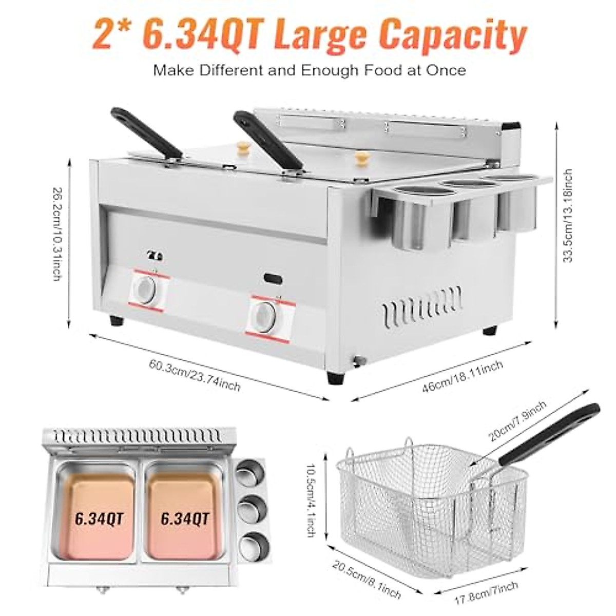 Deep Fryer Electric Deep Fat Fryers with 2 Baskets Commercial Countertop LPG Gas Fryer with Lid Stainless Steel 6L*2 Deep Fryer for French Fries Turkey Donuts Restaurant Home Kitchen