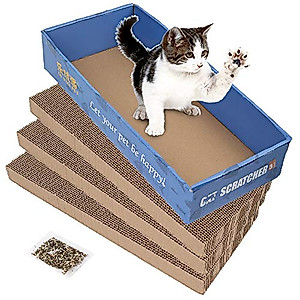 PrimePets Cat Scratcher Cardboard for Indoor Cats, 3 in 1, Cat Scratch Pad with Box, Cat Scratching Board, Reversible Corrugated, Furniture Protector, Catnip Included