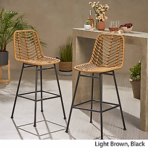 GDFStudio Outdoor Wicker Barstools (Set of 2), Light Brown and Black