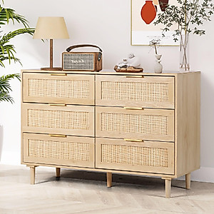 FUQARHY Rattan Dresser for Bedroom, Modern 6 Drawer Double Dresser with Gold Handles, Wood Storage Chest of Drawers fo Bedroom,Living Room,Hallway (Natural)