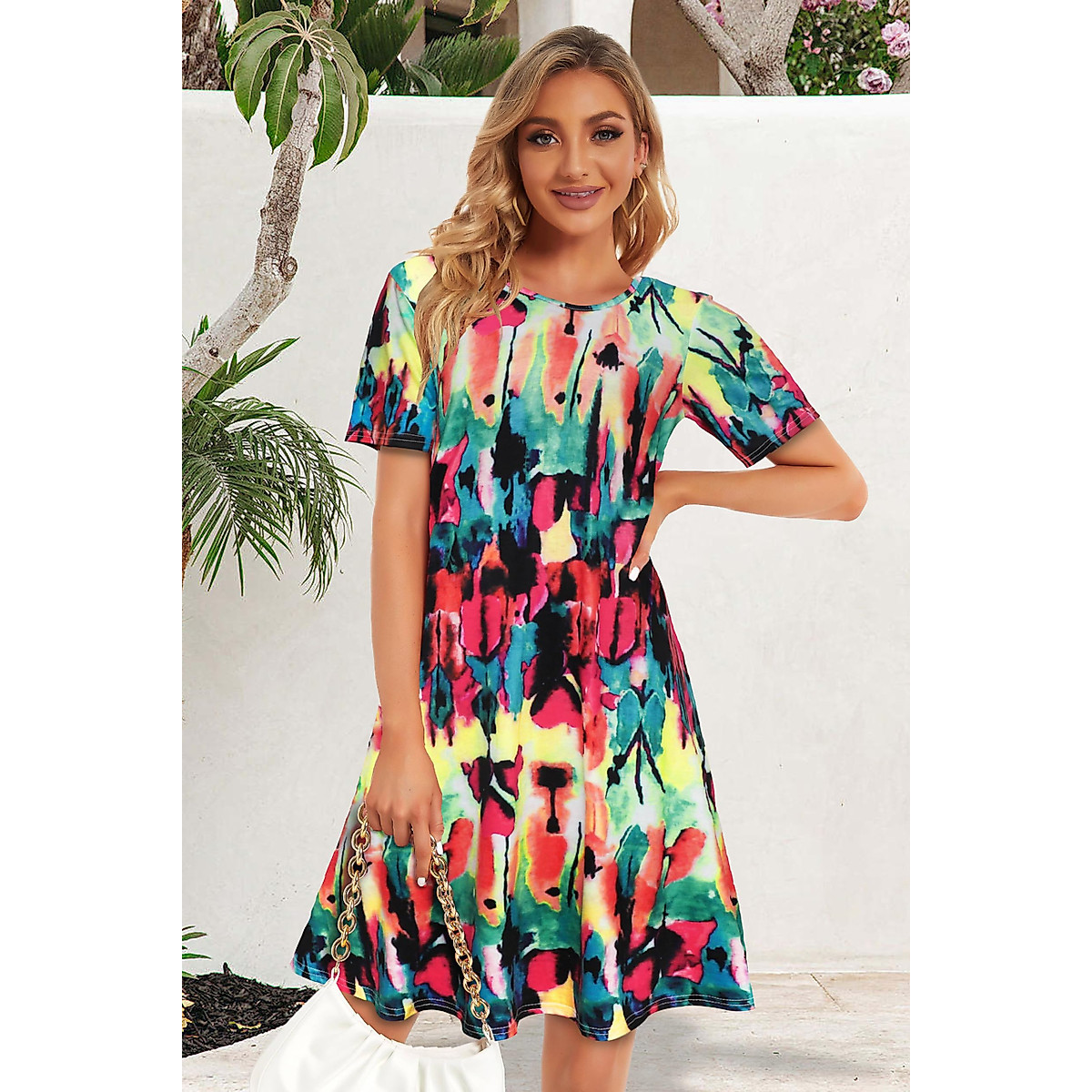 Sundresses for Women Summer Beach Tshirt Dress Tie Dye Short Sleeves Pocket Tunic(Colorful,L)