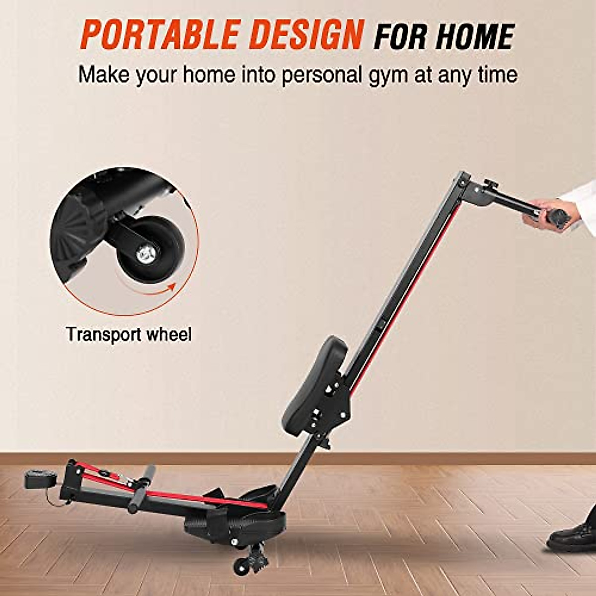 Rowing Machines for Home Use, Foldable Rowing Machine, Elastic Rower Indoor Row Machine with 3 Adjustable Levels, LCD Display & Comfortable Seat Cushion (Black&Red)