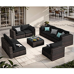 TANGJEAMER 9 Piece Patio Furniture Set All Weather PE Rattan Outdoor Sectional Sofa Couch with No-Slip Cushions and Glass Top Table for Garden, Poolside, Backyard (Black)