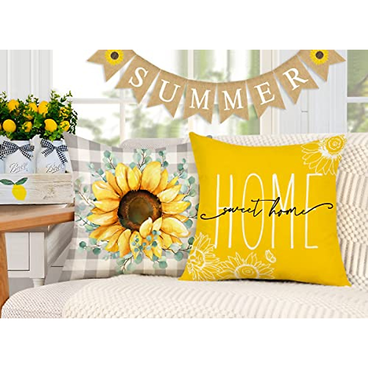 Spring Summer Pillow Covers 18x18 Set of 4 Sunflower Decorations for Farmhouse Pillows Home Sweet Home Bless This Home Decorative Throw Pillows Yellow Gray Throw Cushion Case for Home Decor TH169