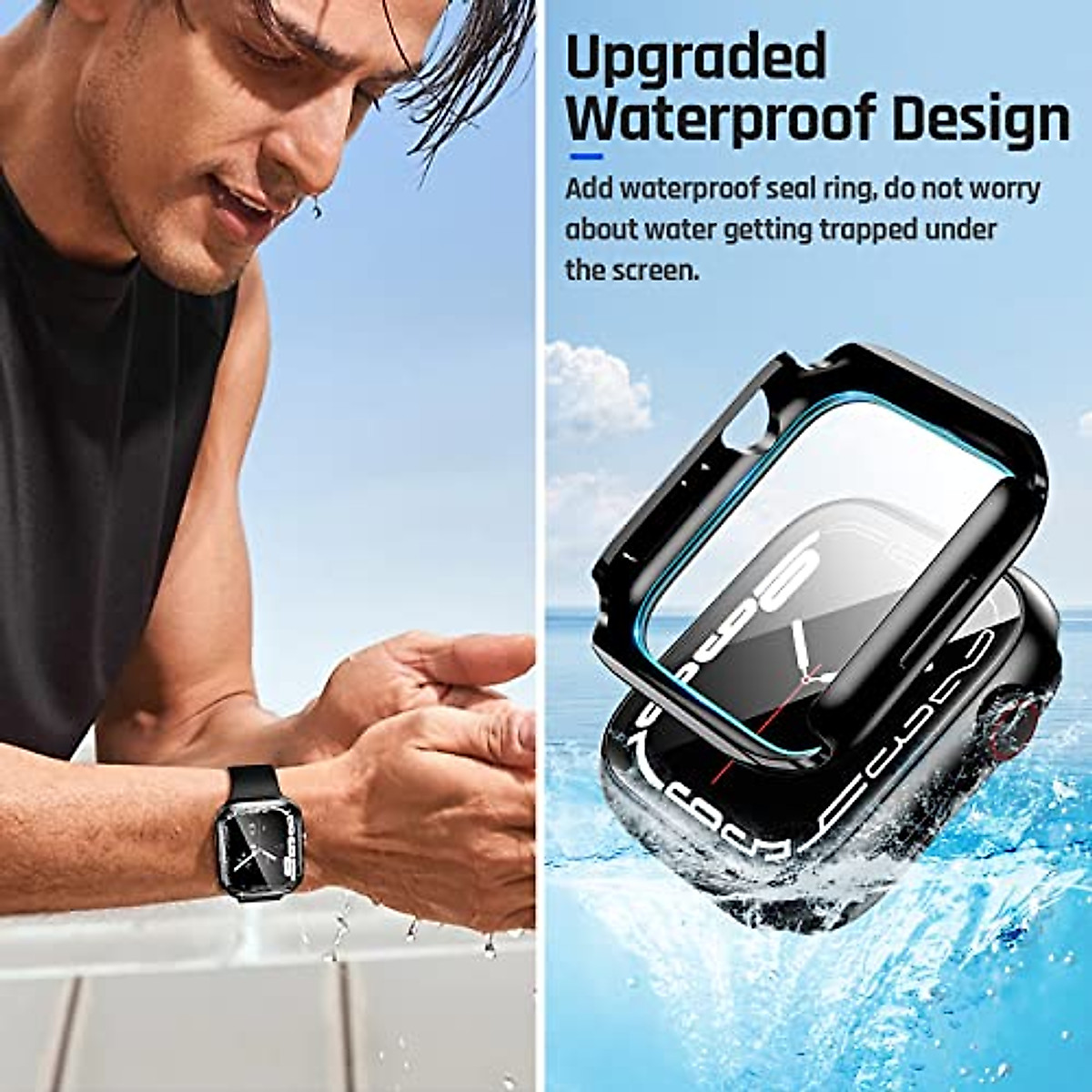 Goton Waterproof Case Compatible with Apple Watch 44mm SE (2nd Gen) Series 6 5 4 with Tempered Glass Screen Protector, iWatch Full Protective Hard PC Bumper Case Face Cover for Men Women 44 mm Black