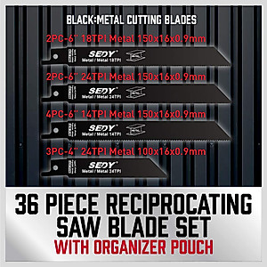 36-Piece Ultimate Reciprocating Saw Blade Set - Premium Sawzall Blades, Durable Wood & Metal Cutting Blades with Storage Pouch, Long-Lasting Pruning Blades