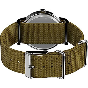 Timex Unisex Weekender 38mm Watch – Silver-Tone Case White Dial with Olive Fabric Slip-Thru Strap
