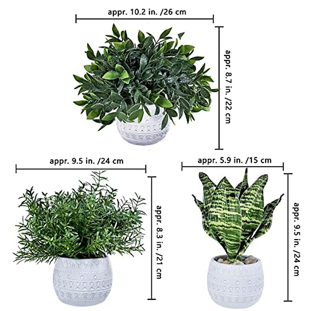 Winlyn Set of 3 Small Artificial Potted Plants - Eucalyptus, Rosemary & Tropical Snake Plant in White Geometric Pots for Table Centerpieces Shelf Windowsill Desk Indoor Outdoor Greenery Decor